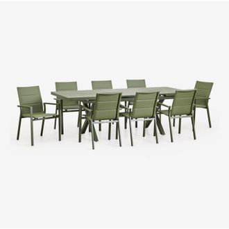 Sklum Karena rechteckiges ausziehbares Tischset 180-240x90 cm und 8 stapelbare Gartenst&uuml;hle mit Aluminiumarmlehnen Tiefes Gr&uuml;n Olive - Sklum