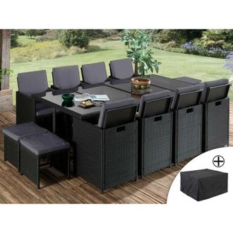 Best Mobilier Fira - salon de jardin encastrable 12 places - en r&eacute;sine tress&eacute;e - noir avec coussins gris + housse de protection