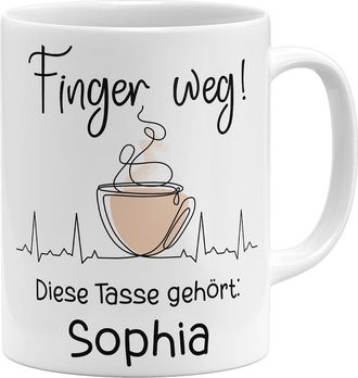 OM3 bedruckte Kaffee-Tasse mit Spruch - Finger weg diese Tasse geh&ouml;rt Wunschname - personalisierbar | Keramik Becher | 325ml | Beidseitig Bedruckt | Weiss