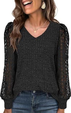 Generic Hauts d&eacute;t&eacute; d&eacute;contract&eacute;s et polyvalents pour femme, couleur unie, col en V, haut en dentelle, chemisiers en tricot c&ocirc;tel&eacute;, &agrave; manches longues, couche de