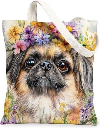Generic Sac fourre-tout en toile motif chien p&eacute;kinois printanier 33 x 38,1 cm, sac d&eacute;picerie r&eacute;utilisable pour femme, motif animal de compagnie, d&eacute;coration ca