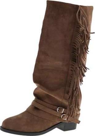 Generic Bottes montantes larges pour femme - Style d&eacute;contract&eacute; - Avec pompons - Couleur unie - Talon &eacute;pais - Pliss&eacute;es - &Eacute;l&eacute;gantes et confortables - Pour lauto