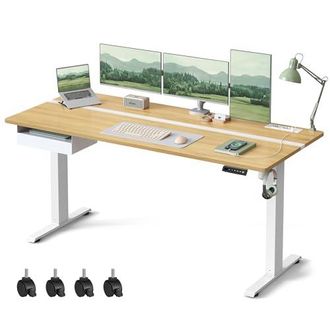 Vasagle H&ouml;henverstellbarer Schreibtisch elektrisch, 160 x 70 cm Tischoberfl&auml;che, Memory-Funktion mit 4 H&ouml;hen, mit Steckdosen und Stoffschublade, goldeichenfar
