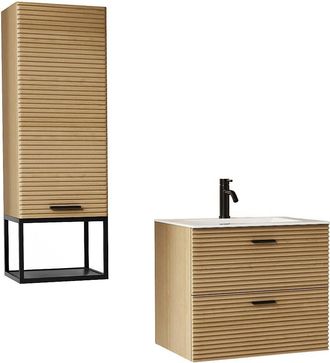Vente-Unique Badezimmerm&ouml;bel geriffelt h&auml;ngend mit Einbauwaschbecken, Armatur und Hochschrank mit Nische - 2 Schubladen - Natur hell - 60 cm - SARONE