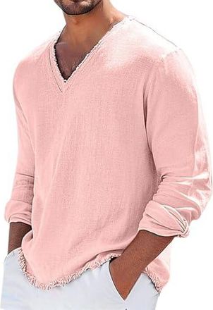 Generic T-shirts pour hommes col en V 3XL, chemise blanche &agrave; manches longues pour hommes chemise d&eacute;t&eacute; ourlet ray&eacute;, t-shirt dentra&icirc;nement respirant en lin surd