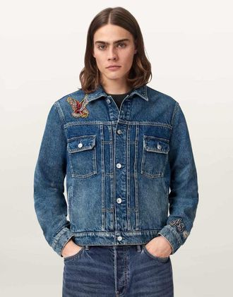 AllSaints Exile - Jacke in verwaschenem Indigoblau mit Aufn&auml;hern-Grau