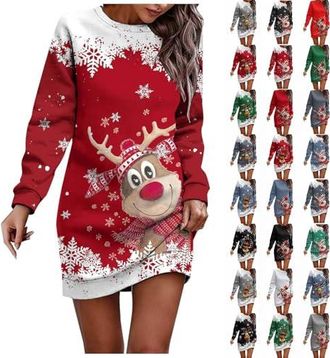 Generic Pull de No&euml;l pour femme - Joli imprim&eacute; renne - Pull long pour femme - Col rond - Robe pull de No&euml;l d&eacute;contract&eacute;e &agrave; manches longues - Haut de No&euml;l l&eacute;ger