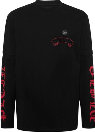 Philipp Plein Homme, Tops, Noir, Taille: 4XL T-Shirt Double Manches Broderie Banni&egrave;re