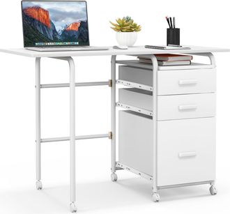 Giantex Faltbarer Schreibtisch mit Rollen, Computertisch mit 3 Schubladen, 105 x 50 x 74 cm, f&uuml;r Home-Office, Wohnzimmer, Schlafzimmer (Wei&szlig;)
