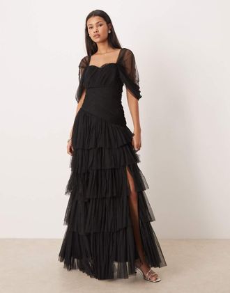 Lace & Beads Robe longue asym&eacute;trique en tulle &agrave; volants - Noir