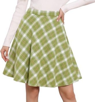 Allegra K Femmes Plaids Taille &eacute;lastique Genou Longueur peign&eacute; Une jupede No&euml;l Vert Clair S