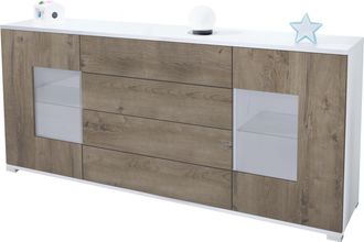 Vladon Sideboard Grömitz V2, Kommode mit 2 großen Türen und 4 Schubladen, Weiß matt/Eiche Ribbeck (166,5 x 75,5 x 35)