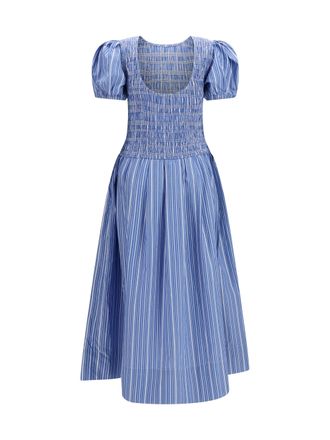 Ganni Womens Striped Cotton Dress With Puff Sleeves Nouvean Navy