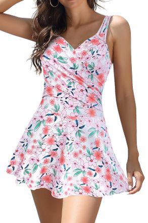 SHEKINI Badekleid Damen Einteiliger Badeanzug Schwimmrock Niedriger Kragen Kreuz Ruched Rückenfrei Bikini Damen Bauchweg Gedruckt Große Größen für Frauen (XL,