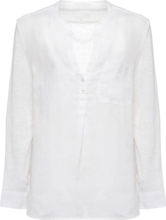 120% Lino Femme, Blouses et Chemises, Blanc, Taille: 42 FR Chemisier en Lin &agrave; Col Mao