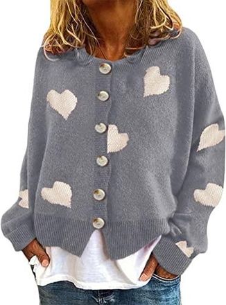 ORANDESIGNE B Gris Femme Cardigan Manches Longues Mode Veste Courte Lâché Gilets en Tricot Imprimé Marguerites Chandail Chaud Imprimé damour Étoile Bouton Ouvert 