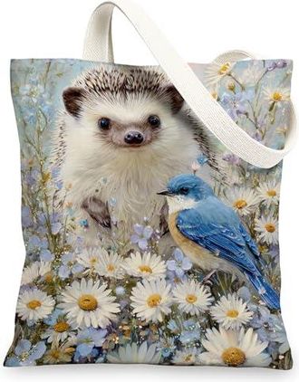 Generic Sac fourre-tout en toile à motif floral, motif hérisson et oiseau, réutilisable et léger, 33 x 38 cm