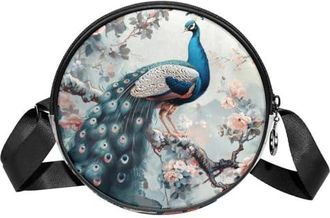 Generic Petit sac &agrave; bandouli&egrave;re rond pour femme, motif fleur de paon avec fermeture &eacute;clair, bretelles r&eacute;glables, sac &agrave; main rond d&eacute;contract&eacute; pour femmes et fi