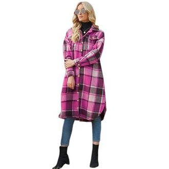 Generic Veste &agrave; carreaux pour femme - Long revers - Veste &agrave; carreaux en flanelle d&eacute;contract&eacute;e 2025 - Revers boutonn&eacute;, rose, XXL