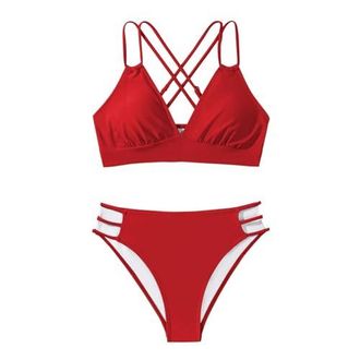 Generic Ensemble bikini push-up 2 pi&egrave;ces pour femme - Rembourr&eacute; - Taille haute - Col en V - Maillot de bain de piscine dos nu, Rouge, XL