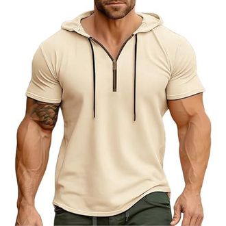 Generic T-shirt &agrave; capuche pour homme - Fermeture &eacute;clair 1/4 - Manches courtes - Pull dentra&icirc;nement - Pull de gym - Chemise muscle d&eacute;t&eacute; avec capuche - T-shirt 