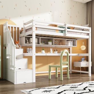 Merax Hochbett 90 x 200 cm, mit gro&szlig;em Schreibtisch und Aufbewahrungstreppen, mit Regalen, f&uuml;r Kinder, Wei&szlig; (ohne Matratze)