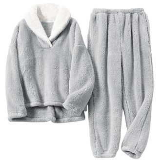 Generic Ensemble de pyjama en polaire pelucheuse pour femme, ensemble de pyjama 2 pi&egrave;ces en peluche ample pour femme, v&ecirc;tement de d&eacute;tente pelucheux, gris, XL