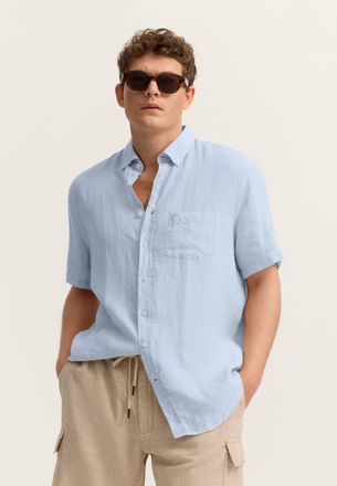 Bugatti Herren Kurzarm-Hemd Modern Fit aus Leinen mit Button-Down-Kragen