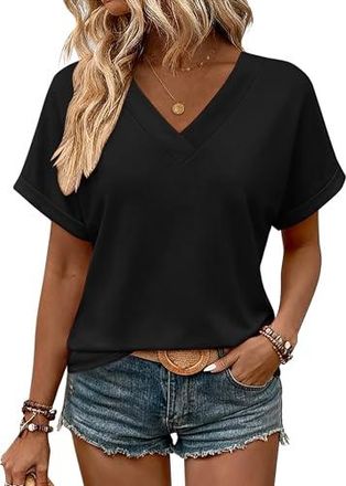 Zeagoo T-shirt pour femme - Col en V - Manches courtes - &Eacute;l&eacute;gant - D&eacute;contract&eacute; - Couleur unie - Tailles S &agrave; 2XL, Noir, XXL