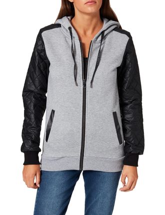 Urban Classics Damen Pullover Ladies Diamond Leather Imitation Sleeve Zip Hoody, Gr. Medium, Mehrfarbig (Gry/blk 119)