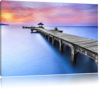 Pixxprint langer Steg mit kleinem Pavillon B&W, Größe: 120x80cm, Leinwandbild, fertig gespannt, Wandbild, Dekoration, Kunstdruck, kein Poster