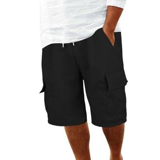 Generic Short d&eacute;t&eacute; en lin pour homme - Avec grandes poches - Couleur unie - Ray&eacute; - Sport - Short d&eacute;t&eacute; l&eacute;ger - Coupe ample - Pantalon de loisirs court, Noir, 3