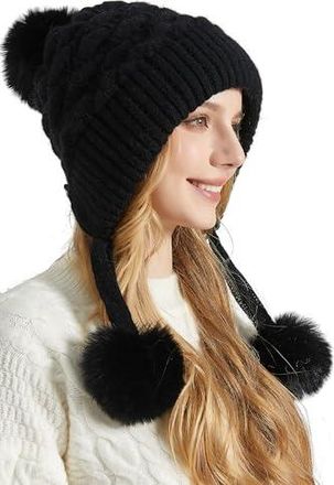 Feoya Bonnet en Tricot Femme Hiver Chaud Noir Beanie avec Pompon Chapeau en Peluche dhiver Thermique Bonnet Coupe Vent Doublure avec Cache Oreilles