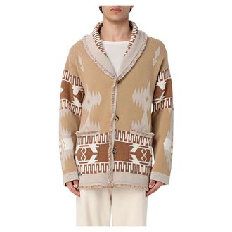 Alanui Homme, Pulls, Beige, Taille: M Cardigan &agrave; Col Ch&acirc;le avec Boutons en R&eacute;sine et Patch G&eacute;om&eacute;trique