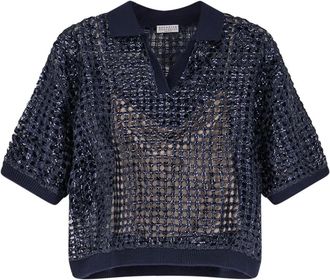 Brunello Cucinelli Femme, Tops, Bleu, Taille: 38 FR Polo Brod&eacute; de Sequins