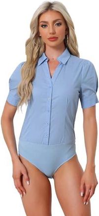 Allegra K Chemisier Body Femme de Bureau boutonné Bodysuit Une pièce à Manches Courtes Body Chemise de Travail Bleu M