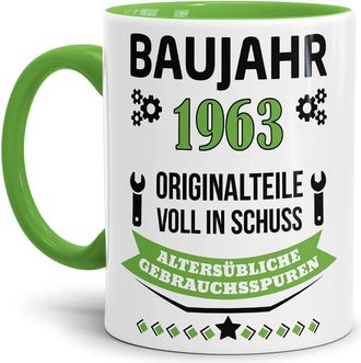 Tassendruck Geburtstags-Tasse Baujahr 1963 Innen & Henkel Hellgrün/Kaffee-Tasse/Mug/Cup/Becher/Lustig/Witzig/Fun/Geschenk-Idee/Geburts-Jahr/Scherz-Artikel/Geburts