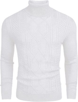 Coofandy Herren Pullover Winter Strickpullover Rollkragenpullover Slim Fit Zopfmuster Herrenpullover Langarm Pulli Ohne Kapuze Sweatshirt Wei&szlig; XXXL
