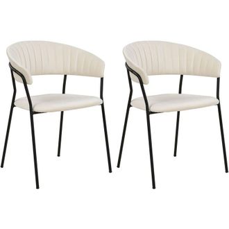 Beliani Esszimmerstuhl 2er Set Cremewei&szlig; Samt mit Schwarzen Metallbeinen Armlehnen Gebogene R&uuml;ckenlehne Modernes Design Stuhl f&uuml;r K&uuml;che Esszimmer