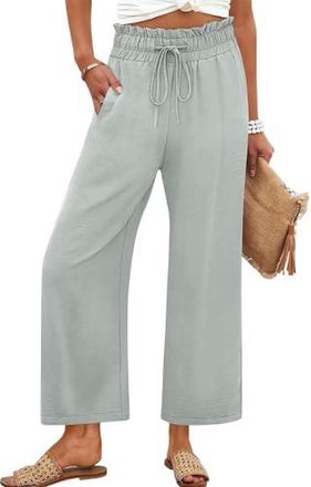 Generic Pantalon d&eacute;t&eacute; 3/4 en mousseline pour femme - Pantalon d&eacute;t&eacute; l&eacute;ger en lin - Avec poches - D&eacute;contract&eacute; - Pantalon en tissu &eacute;lastique et confortable - Pou