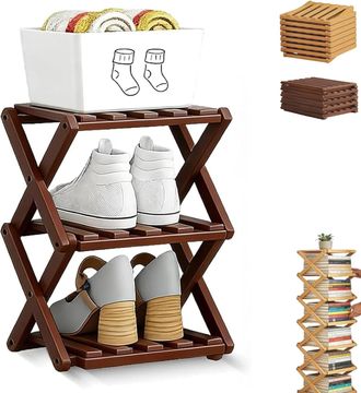 Generic The 9-Tier No-Assembly Bamboo Rack, Foldable Vertical Shoe Organizer for Small Spaces, No-Tool Assembly, Foldable Storage Shelf for Shoes, Books & Hom
