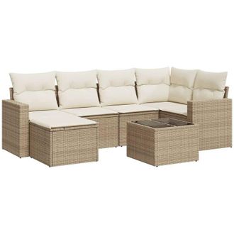 vidaXL 7-tlg. Garten-Sofagarnitur mit Kissen Beige Poly Rattan - Vidaxl