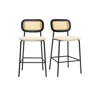 Miliboo Miranda Designer-Hocker, Velours-Effekt, strukturiert, Beige, Metall und Rattangeflecht, 2 St&uuml;ck