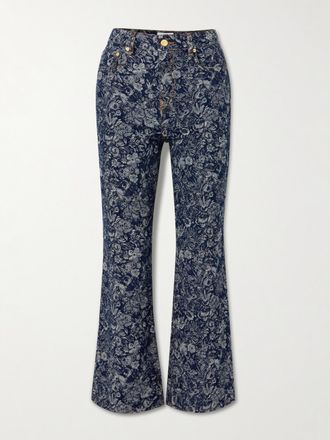 Ganni Jean Droit Raccourci Taille Haute En Coton Biologique À Motif Jacquard Fleuri Betzy - Bleu