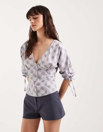 Motel Kadeka - Chemise en popeline &agrave; carreaux et d&eacute;tail nou&eacute; - Gris