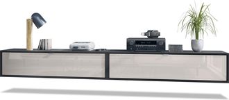 Vladon 2er-Set TV Board Lana 120, Made in Germany, Lowboards je 120 x 29 x 37 cm mit viel Stauraum, Korpus in Schwarz matt, Fronten in Sandgrau Hochglanz | G