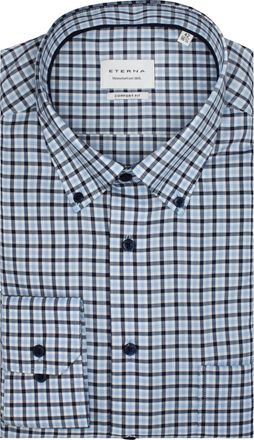 Eterna Herren Langarmhemd Comfort Fit | Kariert Blau | 100% Baumwolle | Kentkragen Gr. 43