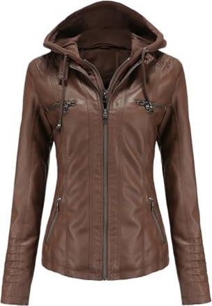 Generic Veste bomber courte en similicuir pour femme avec capuche amovible, grande taille, caf&eacute;, 3XL