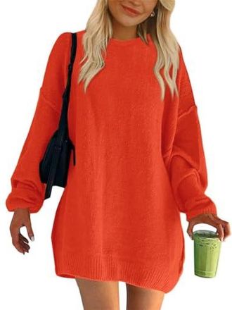 ORANDESIGNE Robe Pull Femme Col Rond Couleur Unie Ample Mini Robe en Maille Long Pullover Tricot Robe de No&euml;l &agrave; Manche Longue Robe de Soir&eacute;e Robe Tricot&eacute;e Robe Co