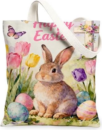 Generic Sacs fourre-tout en toile motif lapin de P&acirc;ques, sacs &agrave; provisions r&eacute;utilisables, sacs &agrave; provisions printaniers, l&eacute;gers, lavables, multicolore, 13x15 